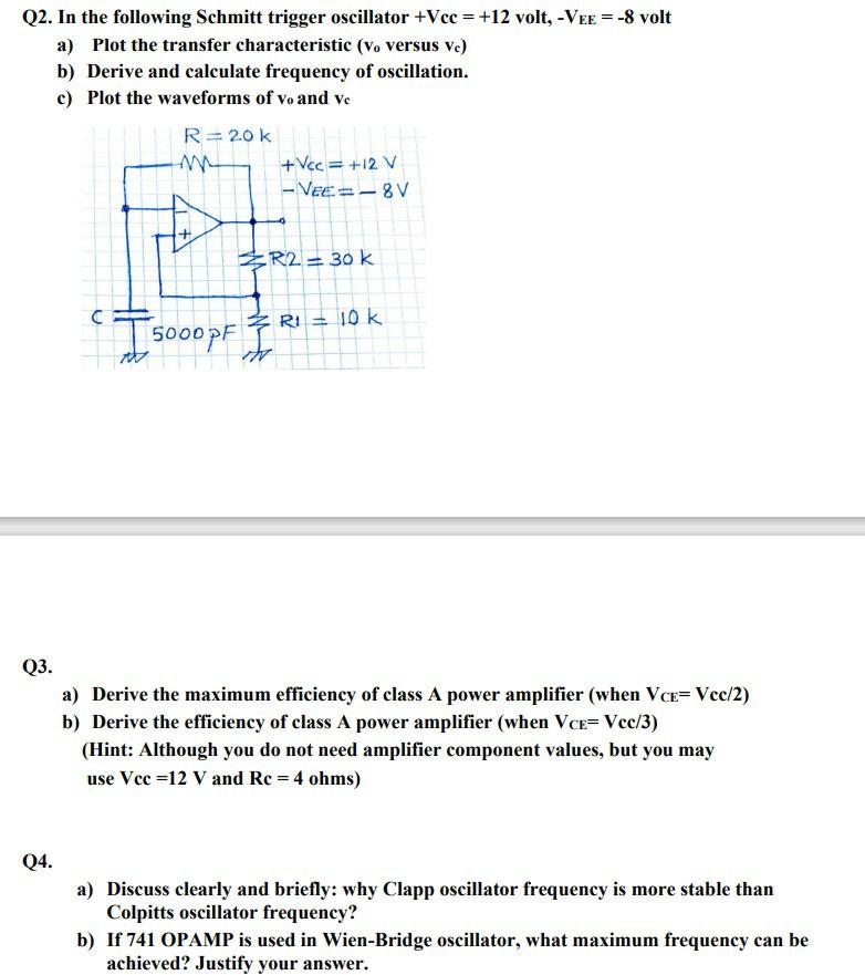 Solved Q2. In the following Schmitt trigger oscillator +Vcc | Chegg.com