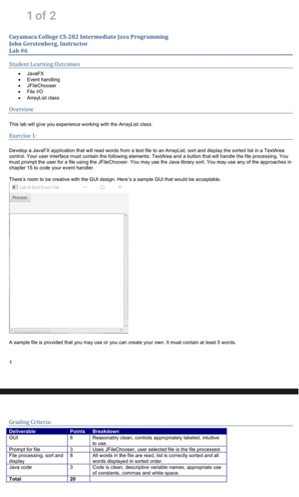 Solved 1 of 2 Cuyamaca College CS-282 Intermediate Java | Chegg.com
