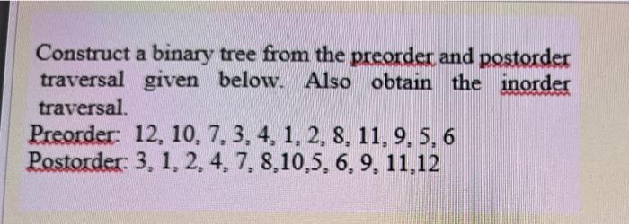 Solved Construct a binary tree from the preorder and | Chegg.com