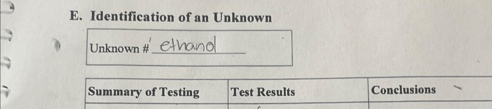 Solved E. ﻿Identification of an Unknown\table[[Summary of | Chegg.com