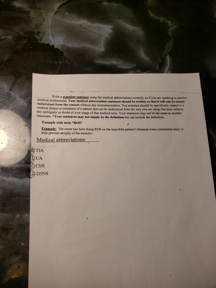 Solved Write a complete sentence using the medical | Chegg.com