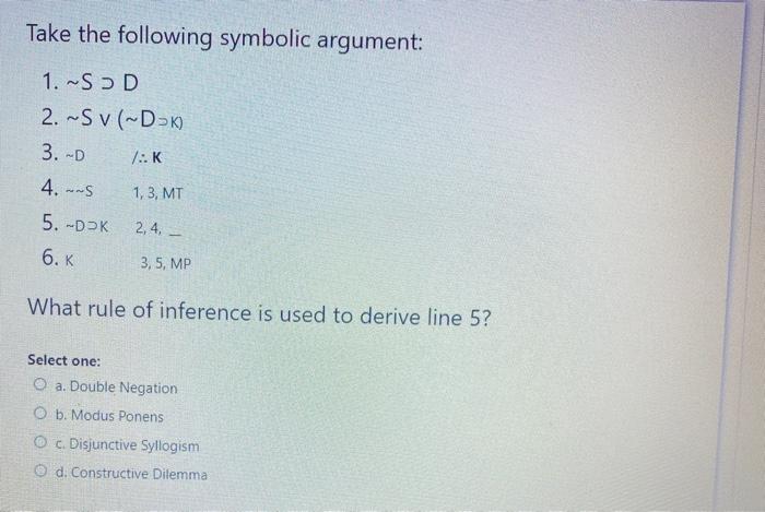 Solved Take the following symbolic argument: 1. SD 2. ~Sv | Chegg.com