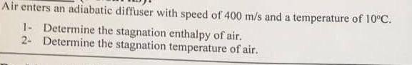 Solved Air enters an adiabatic diffuser with speed of 400 | Chegg.com
