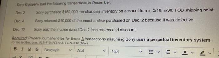 Solved Sony Company had the following transactions in | Chegg.com