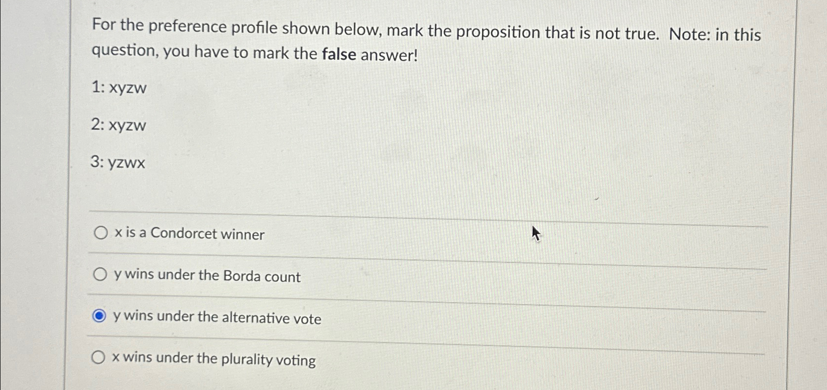 Solved For the preference profile shown below, mark the | Chegg.com
