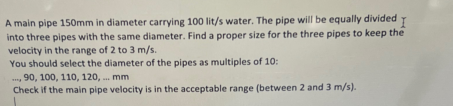 Solved A main pipe 150mm ﻿in diameter carrying 100ltr/s | Chegg.com