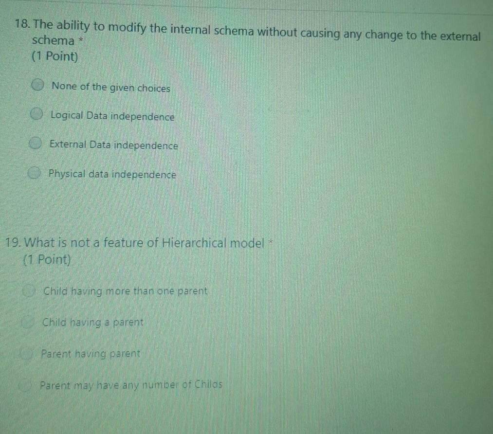 Solved 18. The ability to modify the internal schema without | Chegg.com
