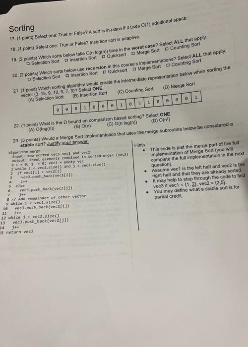 Solved Sorting 17. (1 point) Select one: True or Faise? A | Chegg.com