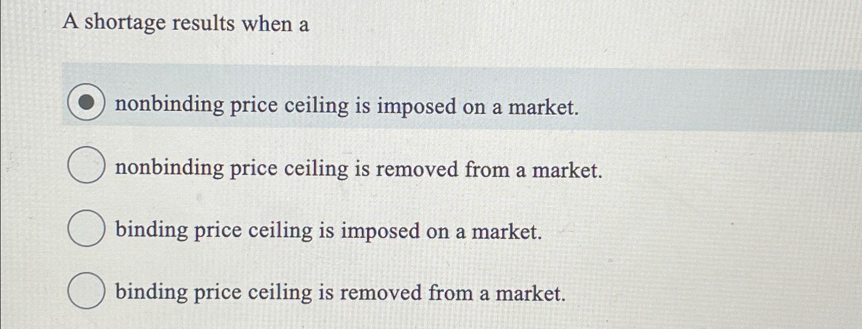 Solved A shortage results when anonbinding price ceiling is | Chegg.com