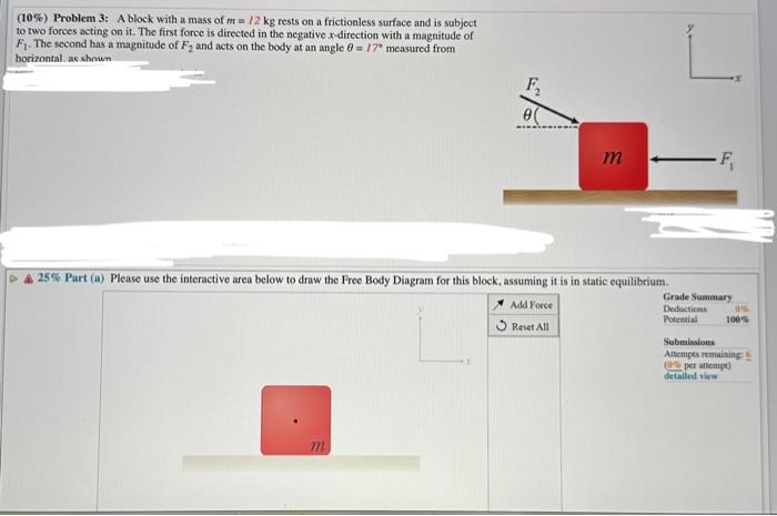 Solved (10\%) Problem 3: A block with a mass of m=12 kg | Chegg.com
