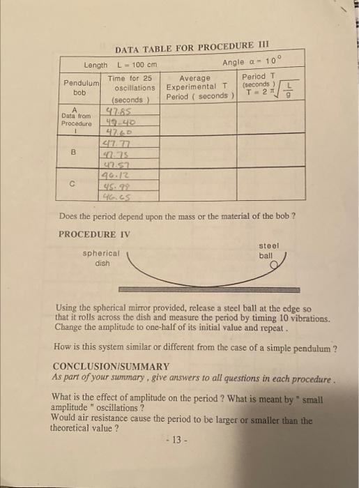 Solved DATA TABLE FOR PROCEDURE I Length of pendulum string, | Chegg.com