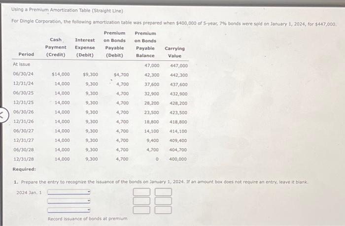 Solved Using a Premium Amortization Table (Straight Une) For | Chegg.com