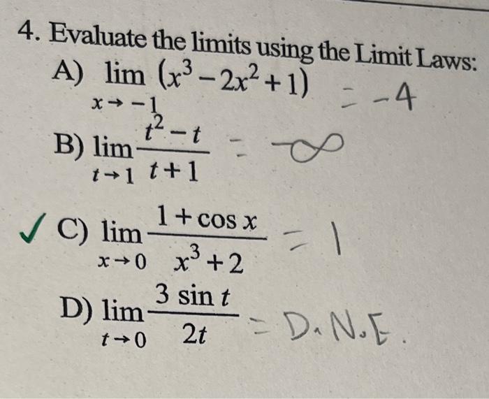 Solved 4. Evaluate the limits using the Limit Laws: A) | Chegg.com