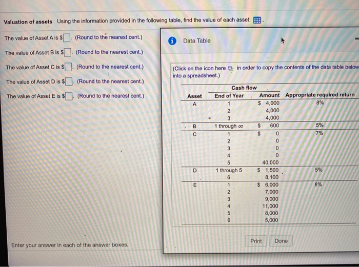 Solved Valuation of assets Using the information provided in | Chegg.com