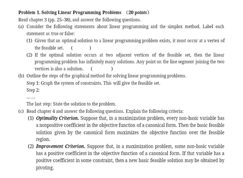 Solved Problem 1. Solving Linear Programming Problems (20 | Chegg.com