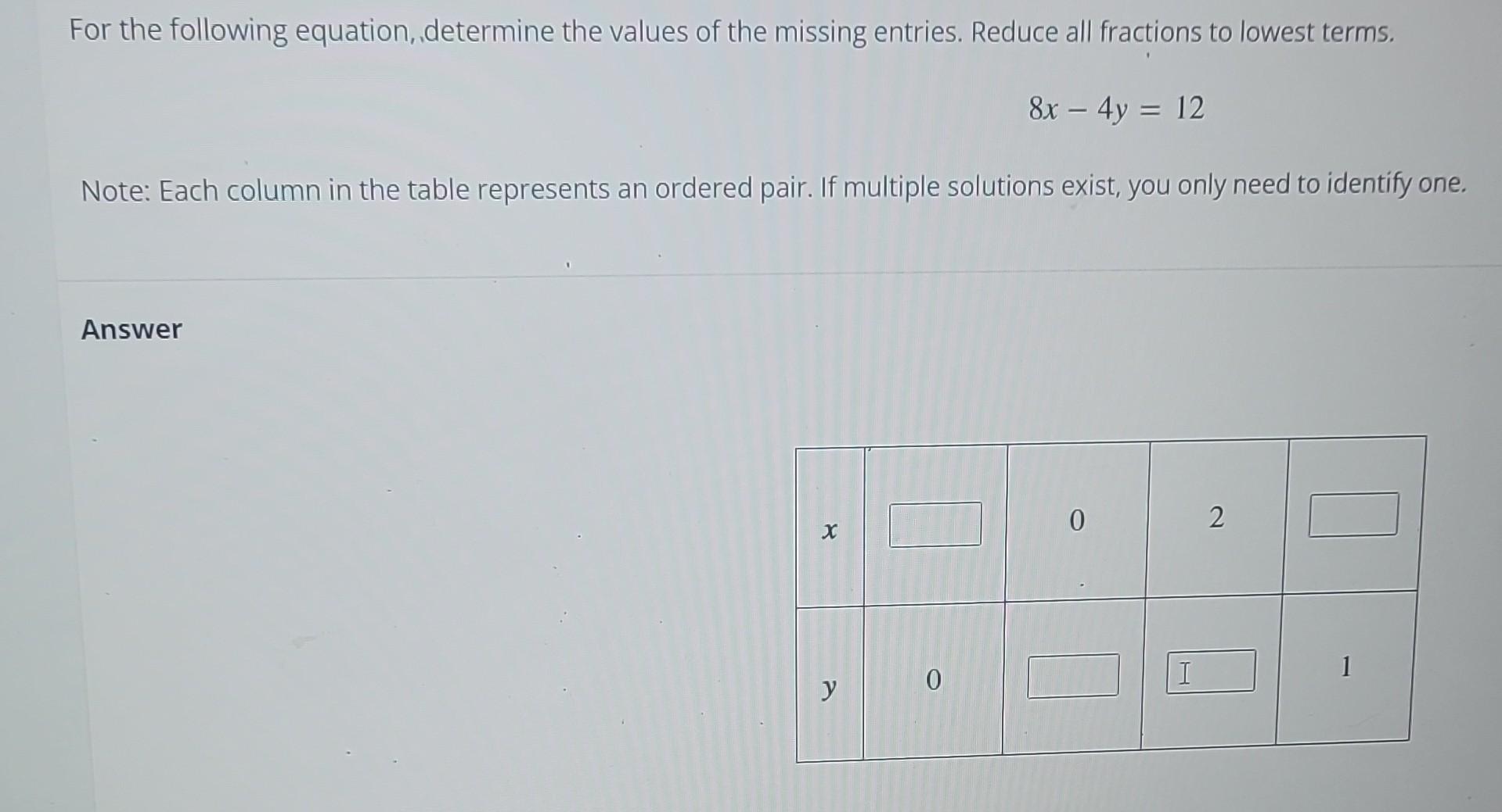 Solved 8x−4y=12 Note: Each column in the table represents an | Chegg.com