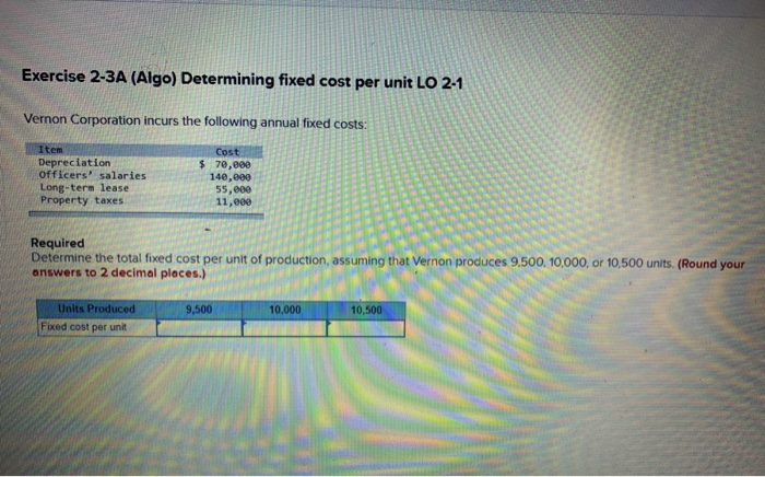Solved Exercise 2-3A (Algo) Determining fixed cost per unit | Chegg.com