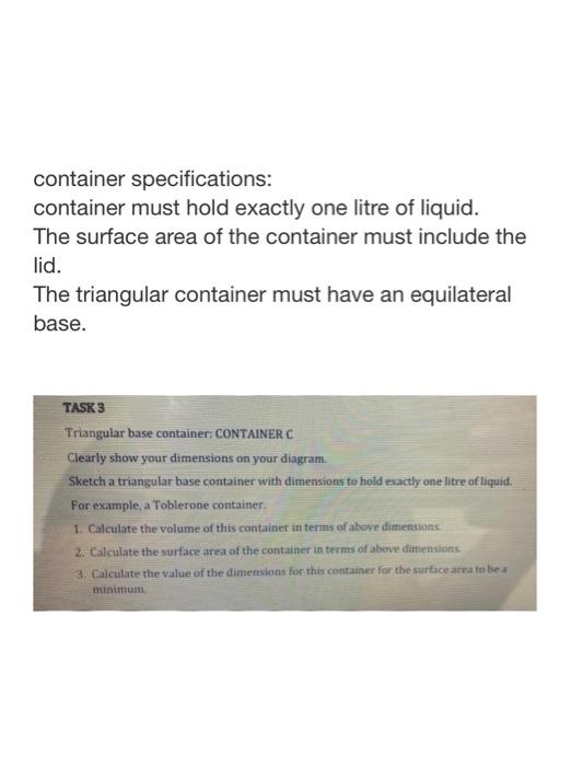 Solved container specifications: container must hold exactly | Chegg.com