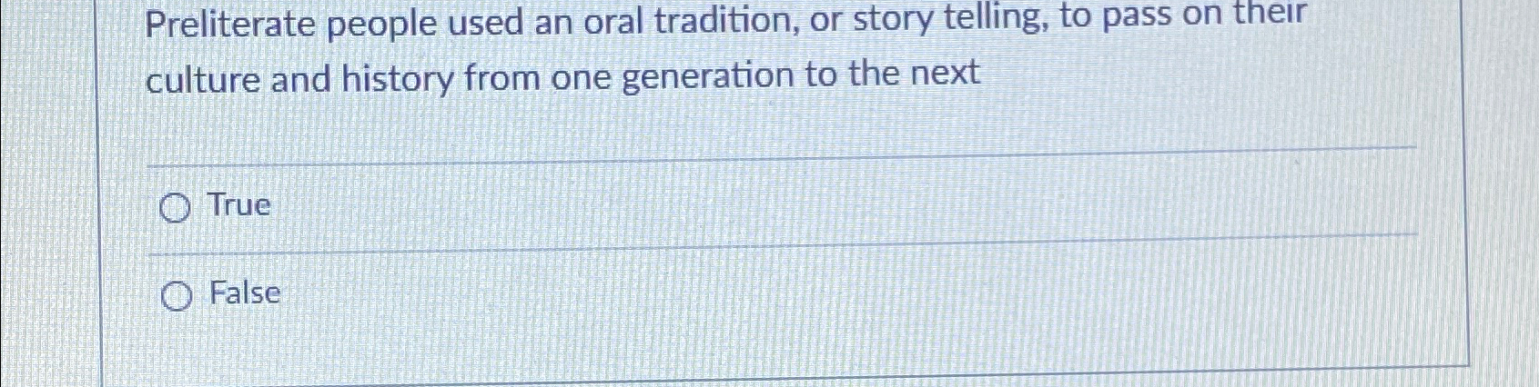 Solved Preliterate people used an oral tradition, or story | Chegg.com