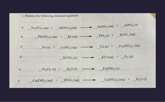 Solved 1. Balance the following chemical equations. b. | Chegg.com