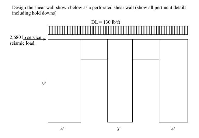 Solved Design the shear wall shown below as a perforated | Chegg.com
