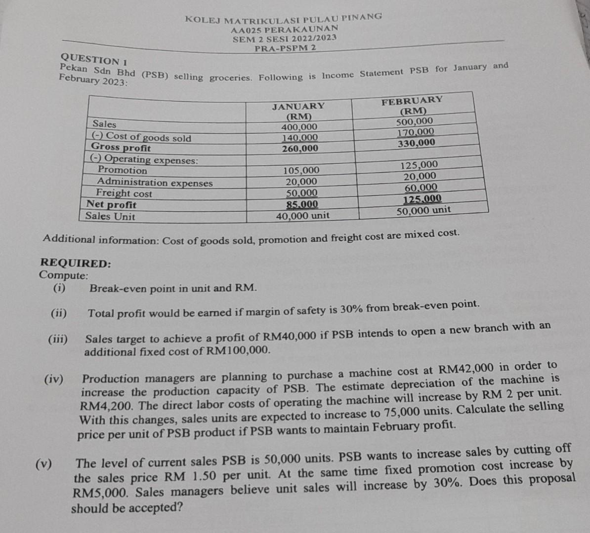 QUESTION 1 Pekan Sdn Bhd (PSB) selling groceries. | Chegg.com