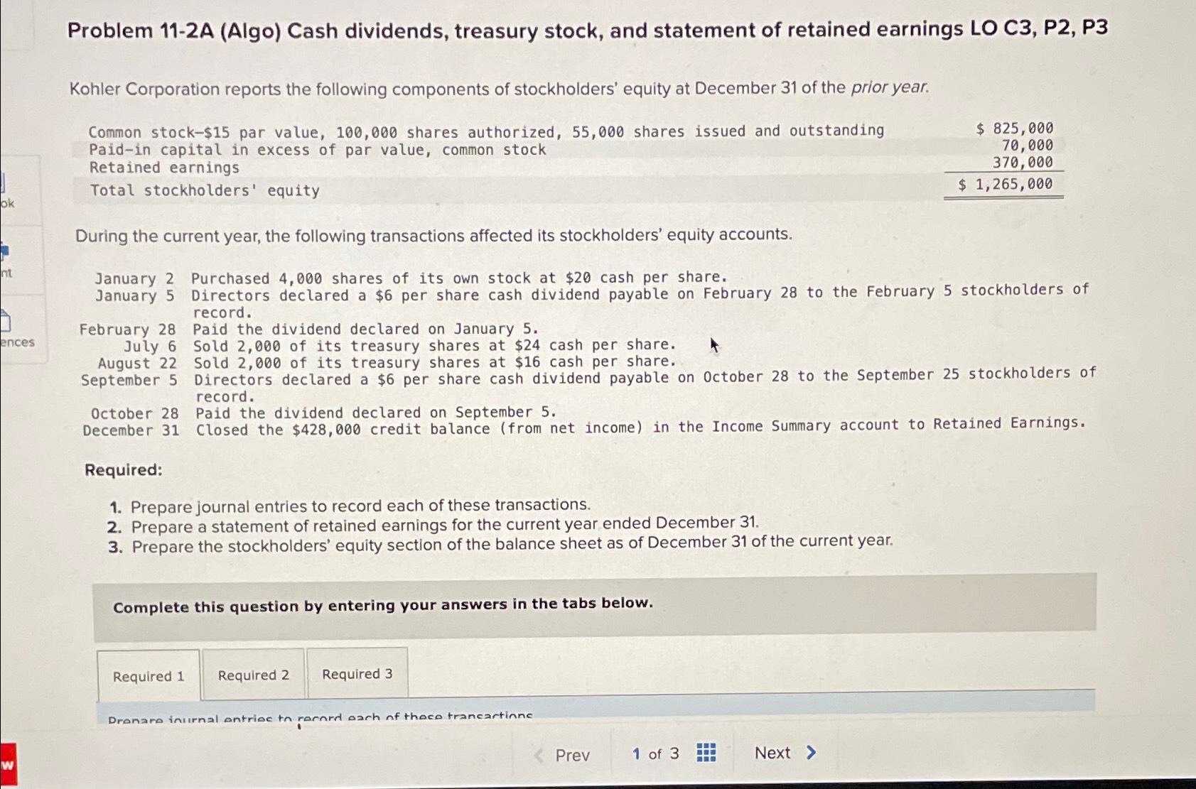 Solved Problem 11-2A (Algo) ﻿Cash dividends, treasury stock, | Chegg.com
