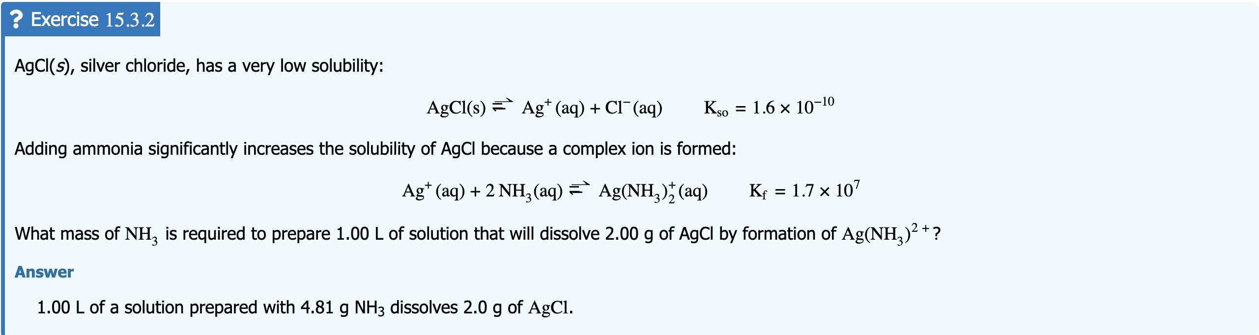 Solved AgCl(s), ﻿silver chloride, has a very low | Chegg.com