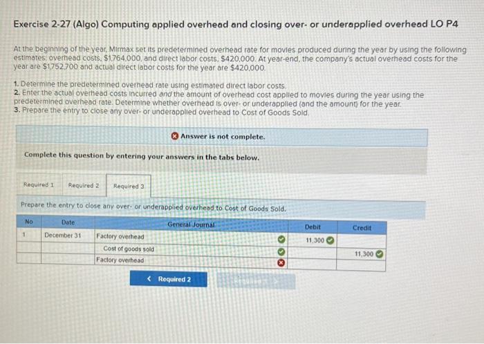 Solved Exercise 2-27 (Algo) Computing applied overhead and | Chegg.com
