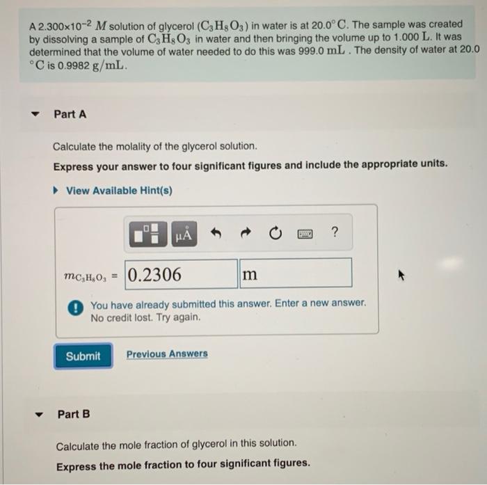 Solved A 2.300x10-2 M solution of glycerol (CH3O3) in water | Chegg.com