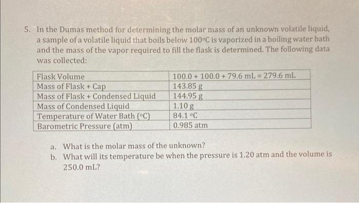 Solved 5. In the Dumas method for determining the molar mass | Chegg.com