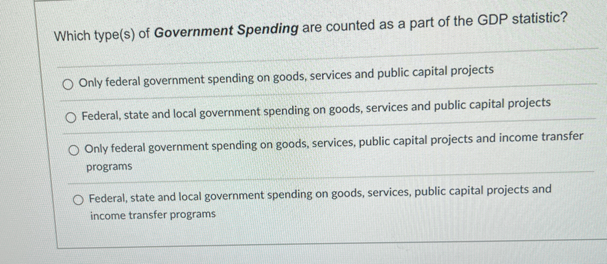 Solved Which type(s) ﻿of Government Spending are counted as | Chegg.com