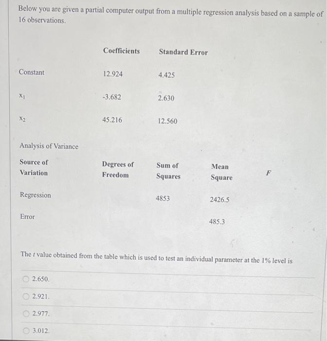 Solved Below you are given a partial computer output from a | Chegg.com