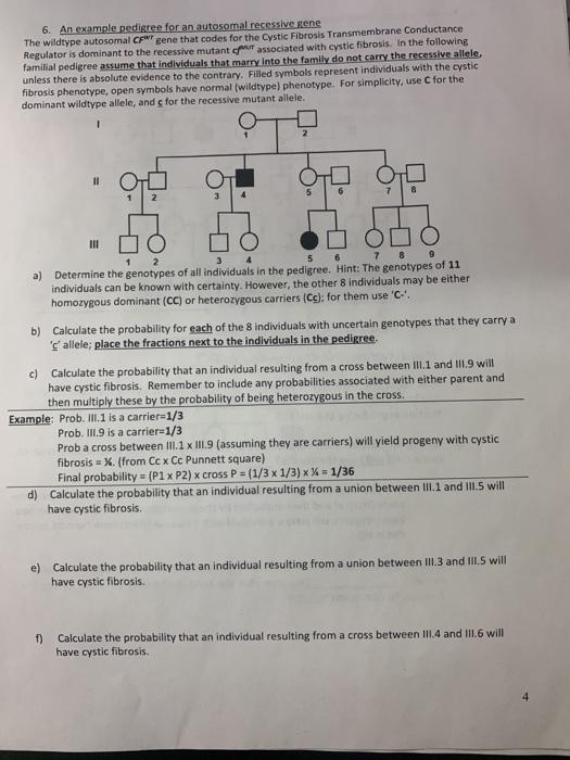 Solved 6. An example pedigree for an autosomal recessive | Chegg.com