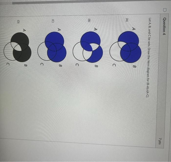 Solved Question 4 7 pts Let A,B, and C be sets. Draw the | Chegg.com Solved Question 4 7 pts Let A,B, and C be sets. Draw the | Chegg.com