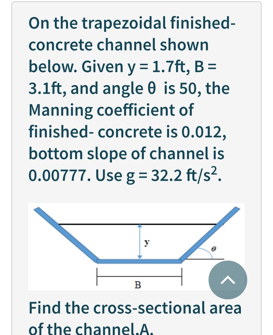 Solved On the trapezoidal finished- concrete channel shown | Chegg.com
