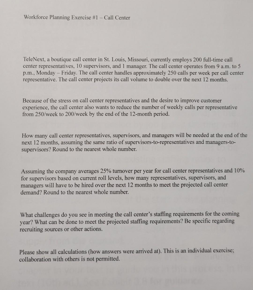 Solved Workforce Planning Exercise \#1 - Call Center | Chegg.com