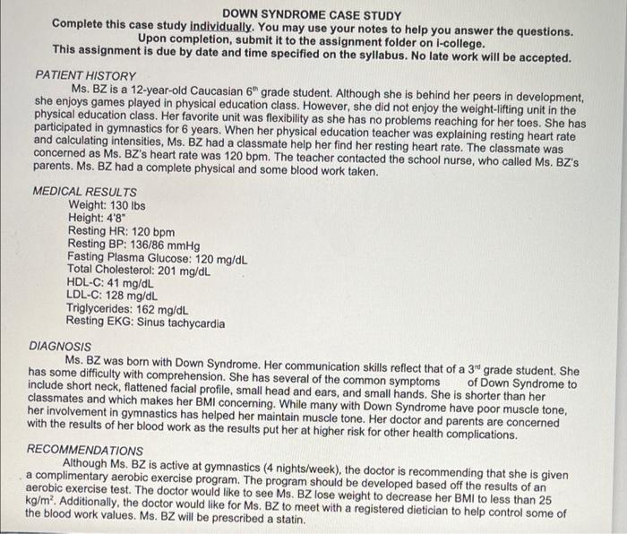 Solved DOWN SYNDROME CASE STUDY Complete this case study | Chegg.com