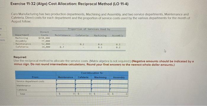 Solved Exercise 11-32 (Algo) Cost Allocation: Reciprocal | Chegg.com