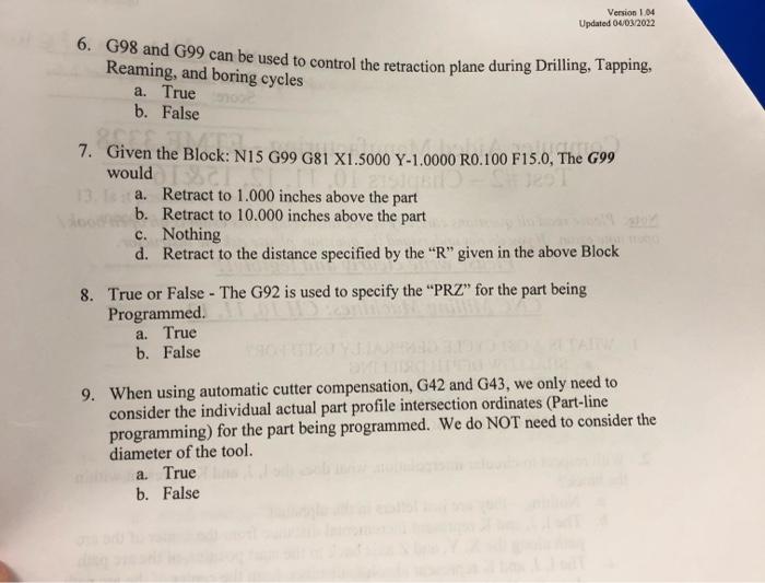 Solved Version 1.04 Updated O403/2022 6. G98 and G99 can be | Chegg.com