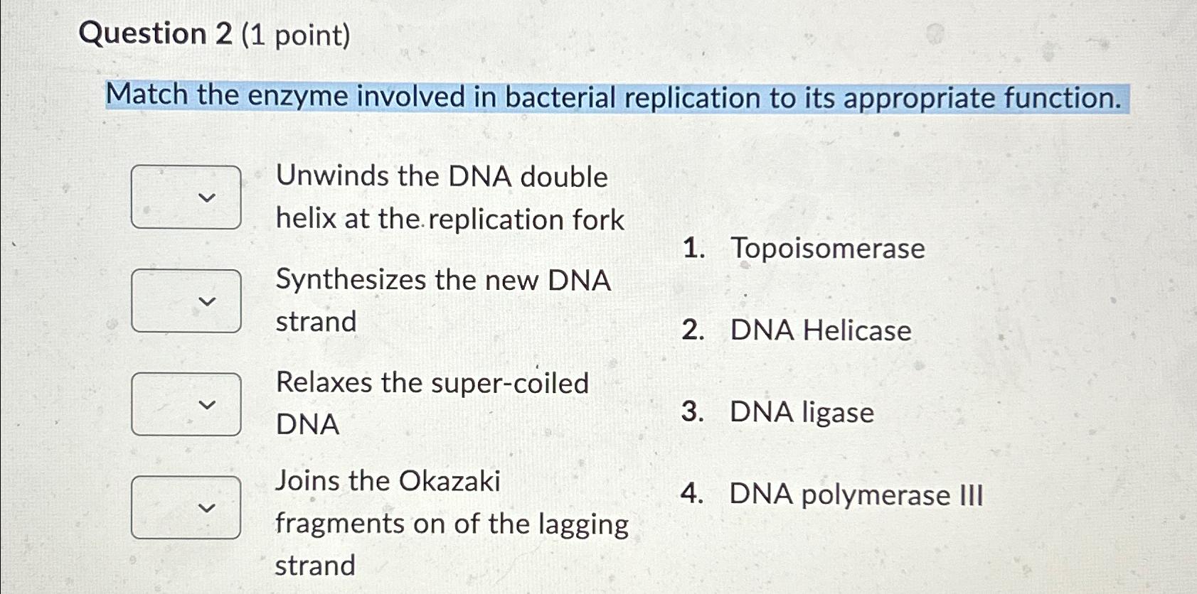 Solved Question 2 (1 ﻿point)Match the enzyme involved in | Chegg.com