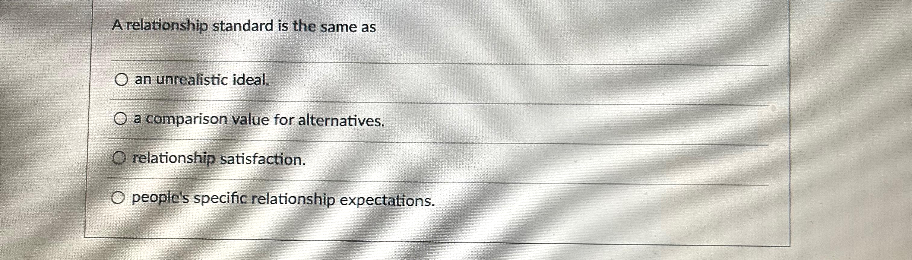 Solved A relationship standard is the same asan unrealistic | Chegg.com