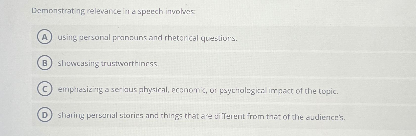 Solved Demonstrating relevance in a speech involves:using | Chegg.com