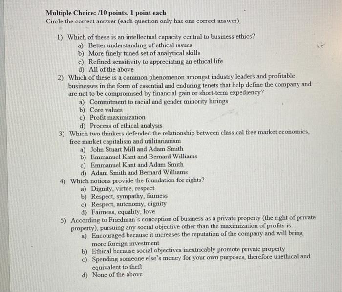 Multiple Choice: /10 points, 1 point each Circle the | Chegg.com