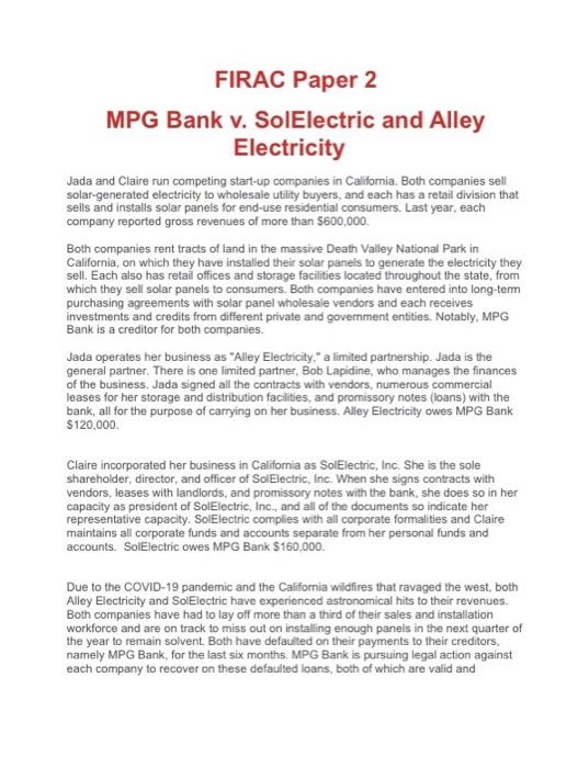 FIRAC Paper 2 MPG Bank v. SolElectric and Alley | Chegg.com
