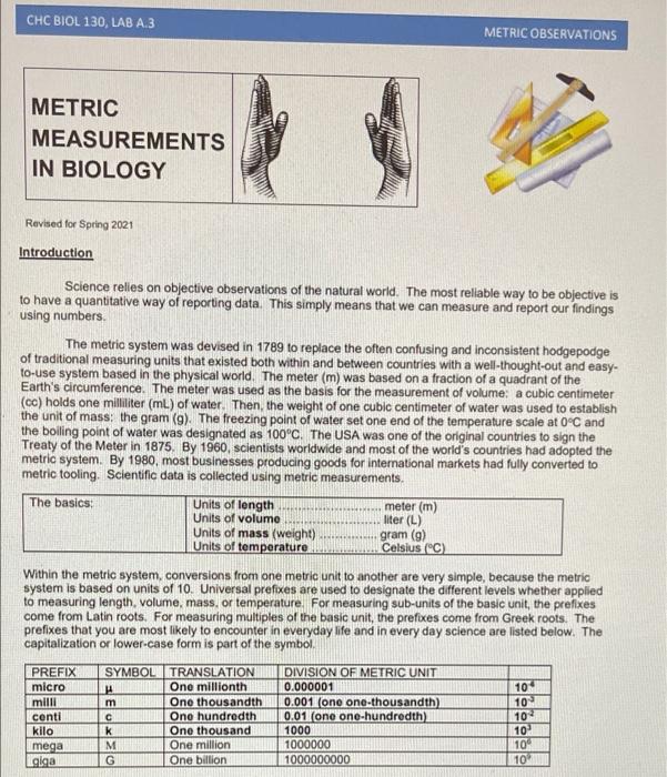 Solved CHC BIOL 130, LAB A.3 METRIC OBSERVATIONS METRIC | Chegg.com
