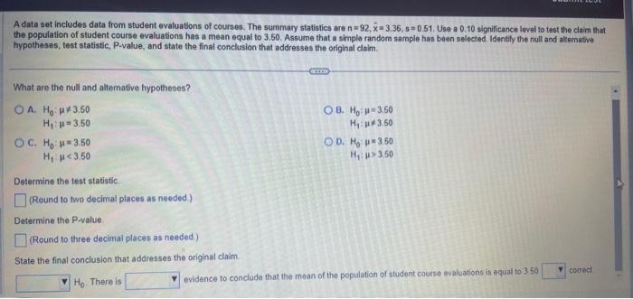 Solved A data set includes data from student evaluations of | Chegg.com