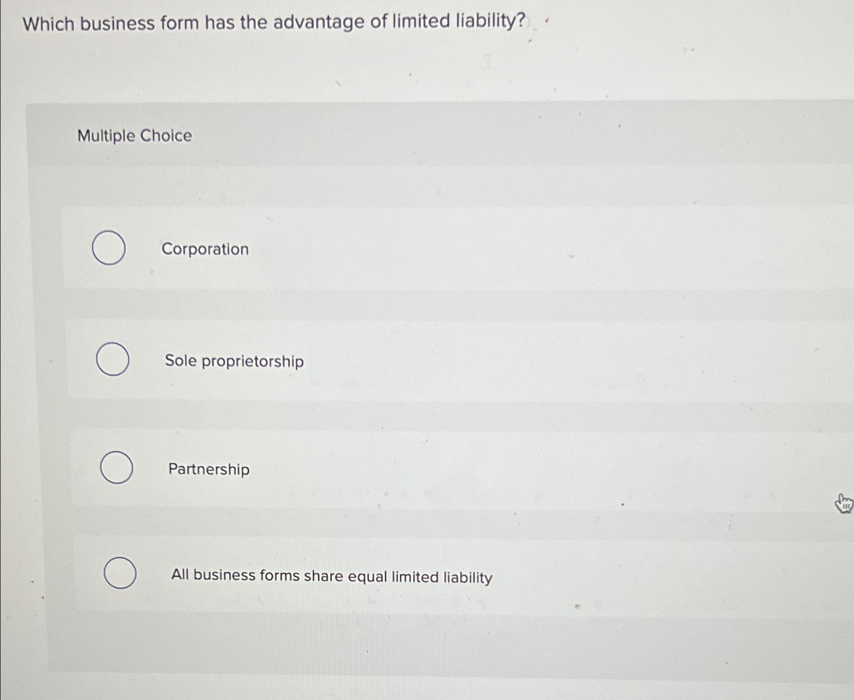 Solved Which business form has the advantage of limited | Chegg.com