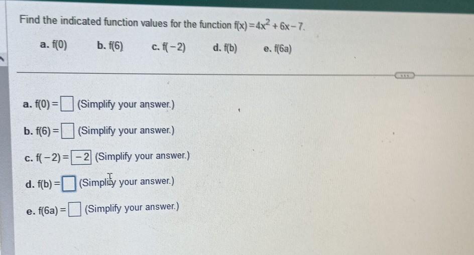 Solved Find the indicated function values for the function | Chegg.com