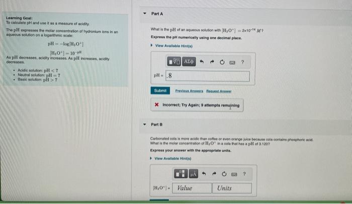 Solved Learning Goal: To calculate pH and use it as a | Chegg.com